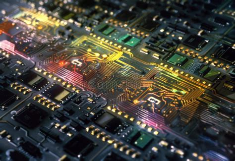 Close Up Photo Of Colorful Circuit Board With Copper Traces Visible In
