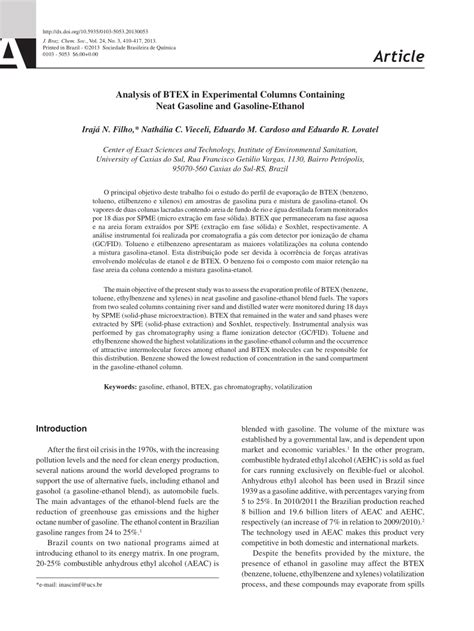 Pdf Analysis Of Btex In Experimental Columns Containing Neat Gasoline And Gasoline Ethanol