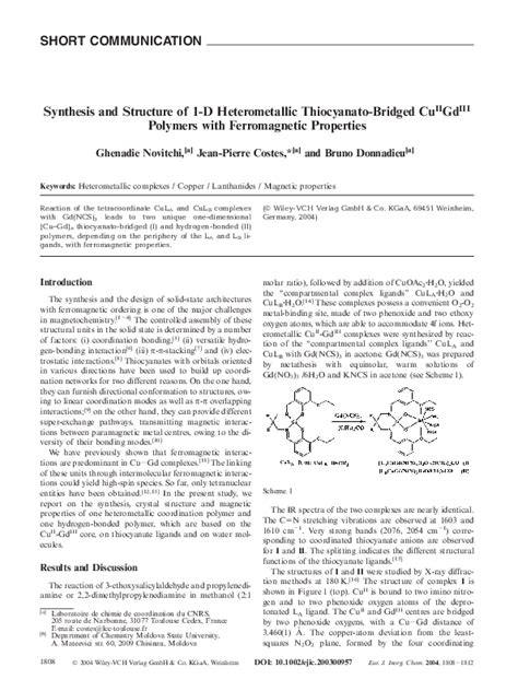Pdf Synthesis And Structure Of 1 D Heterometallic Thiocyanato Bridged