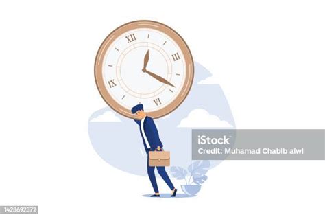 시간 관리 실패 가족 및 사랑하는 사람과 시간을 보낼 수있는 자유 과로하거나 사무원 일상적인 작업 초과 근무 개념 우울한 사업가 급여 남자는 무거운 큰 시계 부담을 가지고