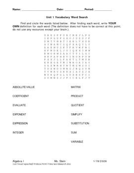 Basic Algebra Vocabulary Word Search By Stein S Stats N Stuff TpT