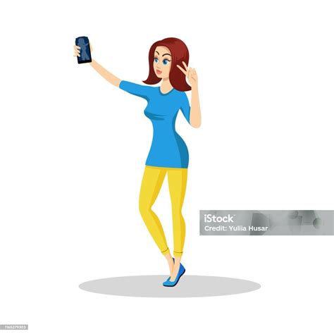 블루 미니 드레스와 노란색 레깅스 스마트 폰으로 셀카를 찍는 예쁜 갈색 머리 소녀 갈색 머리에 대한 스톡 벡터 아트 및 기타 이미지 갈색 머리 노랑 녹음 장비