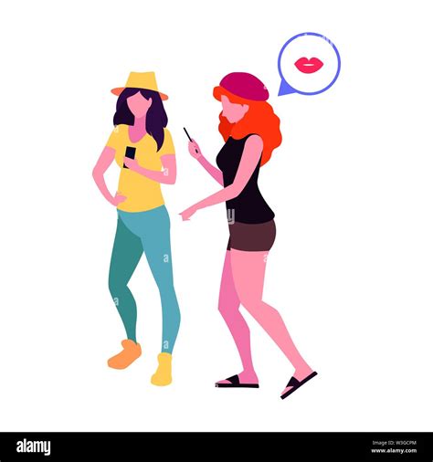 Two Women Characters Using Smartphone Vector Illustration Stock Vector