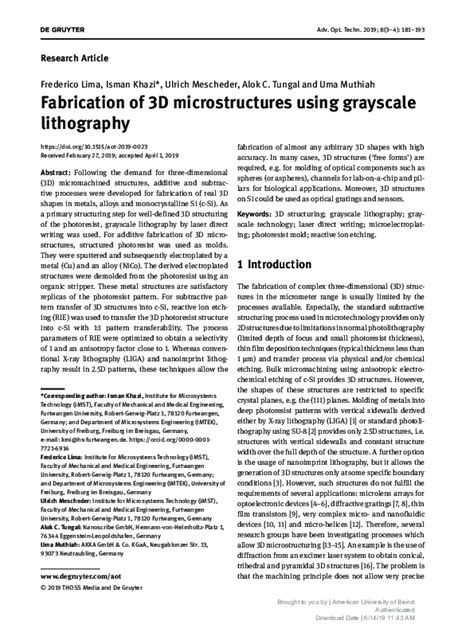 Pdf Fabrication Of 3d Microstructures Using Grayscale Lithography