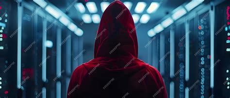 Premium Photo Red Hooded Hacker In Server Room Network Security Breach Alert Concept