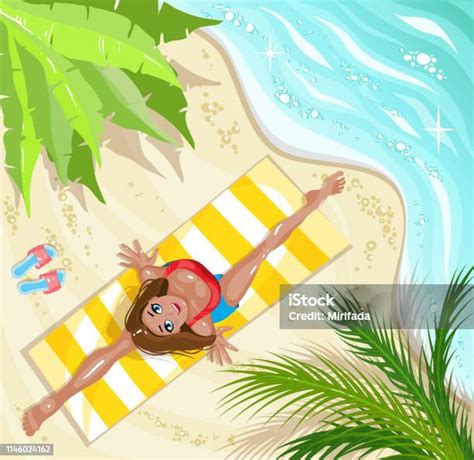 해변에서 요가 아사 나에서 여자 휴가 휴가 및 여행에 대 한 개념입니다 여름 스포츠 평면도 건강한 생활방식에 대한 스톡 벡터