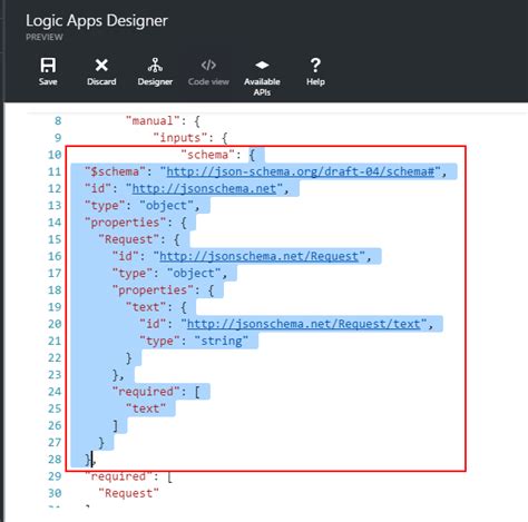 06 Logic Apps Manual Request Set Schema Code View Fixedpng