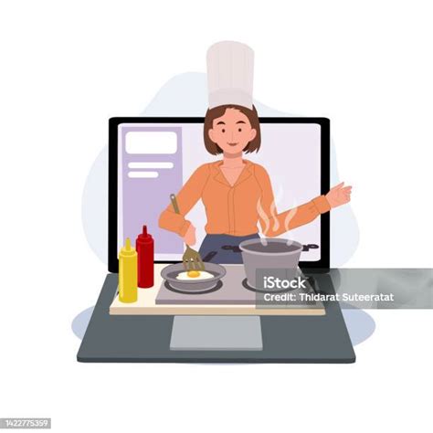 온라인 요리 코스 개념 요리 수업 서비스 주방에서 음식을 준비하는 요리사 선생님 인터넷 학교 모바일 응용 프로그램 벡터 일러스트 레이 션 개념에 대한 스톡 벡터 아트 및