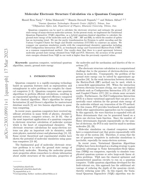 Pdf Molecular Electronic Structure Calculation Via A Quantum Computer