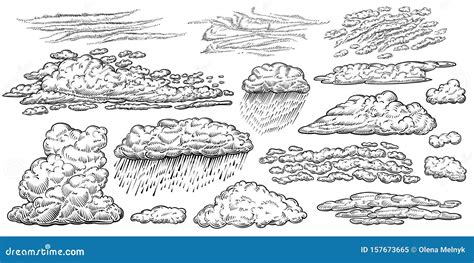 Clouds Vector Hand Drawn Set Weather Line Sketches In Vintage Style