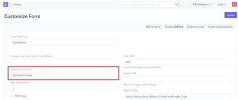 error message while setting up default print format for quotation
