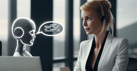 Premium Photo A Woman In A Headset Is Talking To A Robot With A Speech Bubble That Sayscyber