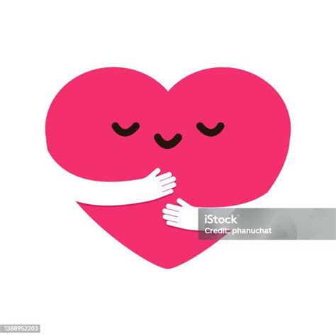 귀여운 만화 심장 캐릭터 포옹 포옹하는 팔로 아이콘 가와이이 하트 자신을 사랑 자기 관리와 흰색 배경 벡터 일러스트에 고립 된