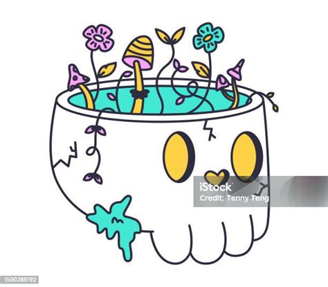 두개골 패치를 낙서합니다 꽃 스티커가 있는 사이키델릭한 이상한 트리피 두개골 그루비한 환각 요소 플랫 벡터 일러스트레이션 강렬하고 밝은 색상에 대한 스톡 벡터 아트 및 기타