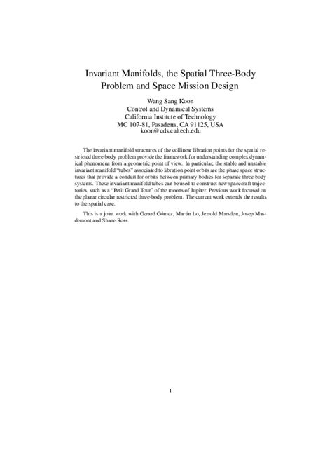 Pdf Invariant Manifolds The Spatial Three Body Problem And Space Mission Design