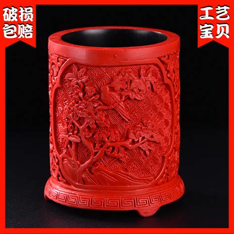 扬州漆器厂剔红雕漆朱砂工艺笔筒出国特色礼物商务纪念品摆件元旦 虎窝淘