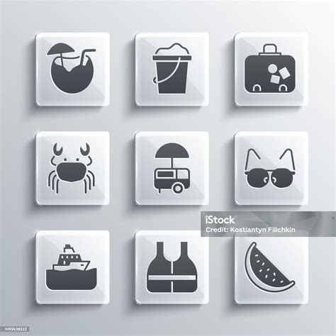 구명 조끼 수박 안경 패스트 스트리트 푸드 카트 유람선 게 코코넛 칵테일 및 여행 가방 아이콘을 설정합니다 벡터 거리에 대한 스톡 벡터 아트 및 기타 이미지 Istock