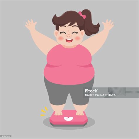 큰 뚱뚱한 여자 행복 체중 체중에 대 한 전자 저울에 서 축 하 하 고 체중 감량 목표 달성 건강 관리 개념 플랫 벡터 디자인 과체중에 대한 스톡 벡터 아트 및 기타 이미지