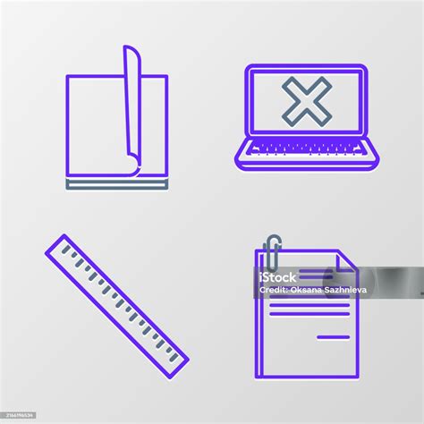라인 설정 파일 문서 및 종이 클립 눈금자 노트북 화면의 십자 표시 및 아이콘 벡터 개념에 대한 스톡 벡터 아트 및 기타 이미지 Istock
