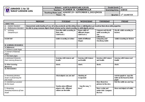Dll Science 3 Q1 W1 Grades 1 To 12 Daily Lesson Log School White