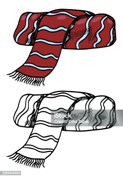 따뜻한 스카프 낙서 손으로 그린 벡터 그림 사실적인 빈티지 스케치 흰색으로 분리된 검은색 윤곽및 색상 요소 집합입니다 겨울 디자인 장식 인쇄물 카드 스티커 포스터 개인