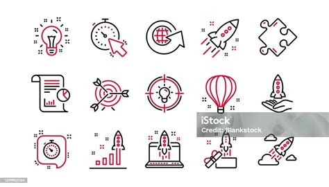 시작 라인 아이콘입니다 프로젝트 비즈니스 보고서 및 대상을 시작합니다 선형 아이콘 집합입니다 벡터 개발에 대한 스톡 벡터 아트