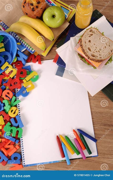 School Packed Lunch Sandwich Apple Drink On School Desk Or Table