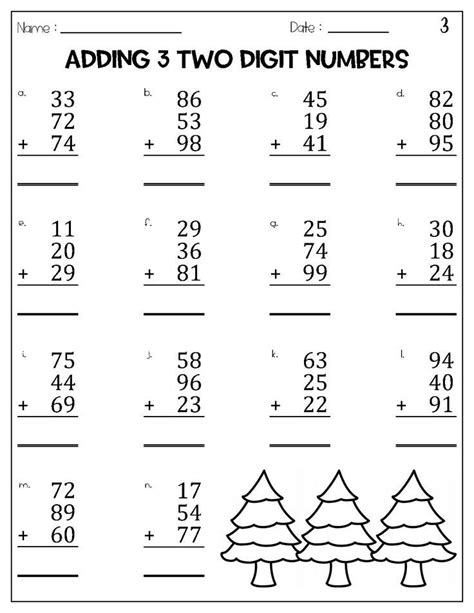 Adding 3 Two Digit Numbers Worksheets Camping Theme Kindergarten