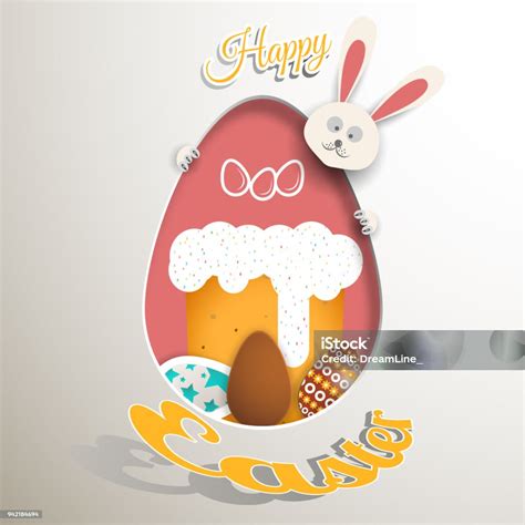 벡터 행복 한 부활절 난 자 없나 토끼 그림자 케이크 계란 패턴 및 텍스트 그라데이션 회색 배경에 종이에서 잘라 종이를 잘라