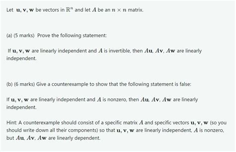 Solved Let U V W Be Vectors In Rn And Let A Be An Nn Chegg Com