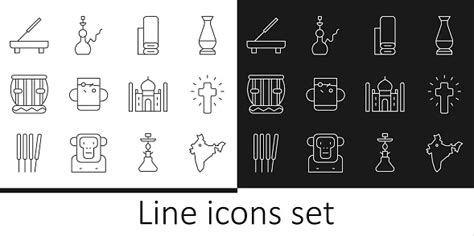 세트 라인 인도지도 기독교 십자가 인도 섬유 직물 차와 잎 한잔 악기 Tabla 향기로운 스파 스틱 타지 마할 및 물 담뱃대 아이콘 벡터 0명에 대한 스톡 벡터 아트 및