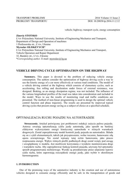 Pdf Vehicle Driving Cycle Optimisation On The Highway