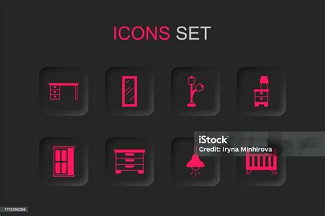 서랍장 대형 전신 거울 사무실 책상 램프 걸이 램프가 있는 가구 협탁 유아용 침대 요람 침대 바닥 및 옷장 아이콘 세트 벡터