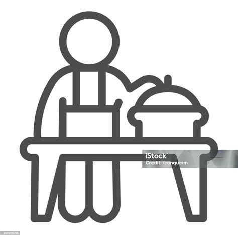 요리사와 부엌 식탁 냄비 선 아이콘 요리 요리 개념 벡터 그래픽입니다 부엌과 밥솥 남자는 흰색 배경에 표시 모바일 또는 웹 디자인에 대한 개요 스타일 아이콘입니다 검은색에