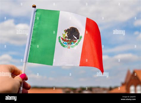 National Green White And Red Flag Of Mexico With Eagle Close Up Stock