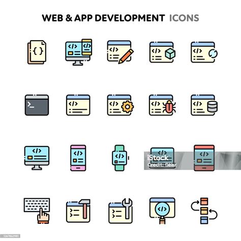 웹 사이트 및 응용 프로그램 개발 아이콘 세트 라인로 컬러 시리즈 개념에 대한 스톡 벡터 아트 및 기타 이미지 개념 개발 개선 Istock