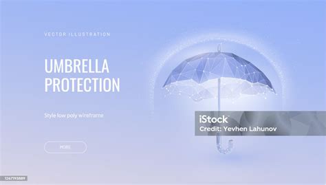 우산 방패 낮은 폴리 와이어 프레임 스타일 외부 위험 요소로부터의 보호 및 격리 개념입니다 파란색 배경에서 격리된 다각형 추상 벡터 3차원 형태에 대한 스톡 벡터 아트 및
