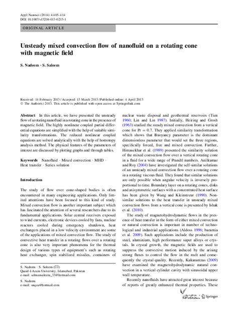 Pdf Unsteady Mixed Convection Flow Of Nanofluid On A Rotating Cone With Magnetic Field