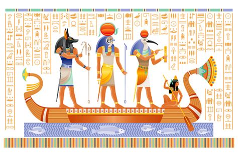 보트에 신들과 이집트 파피루스 아누비스 라 토트 고대 이집트의 신 오래된 역사 종이 예술 벡터 그림은 흰색으로 격리되어 있습니다 상형 문자 세트와 고대 이집트 파피루스