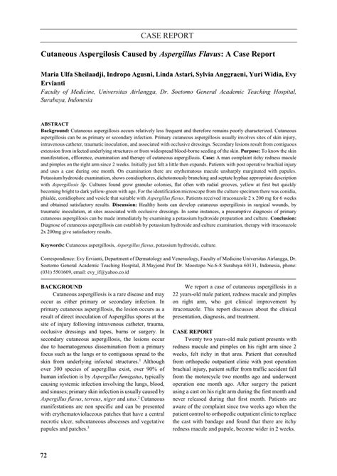 Pdf Cutaneous Aspergilosis Caused By Aspergillus Flavus A Case Report