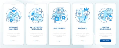Learning And Memorizing Techniques Blue Onboarding Mobile App Screen Walkthrough 5 Steps