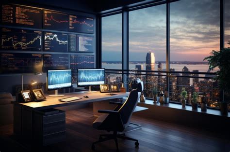 Modern Office Many Monitors With Financial Data Generative Ai Stock Illustration