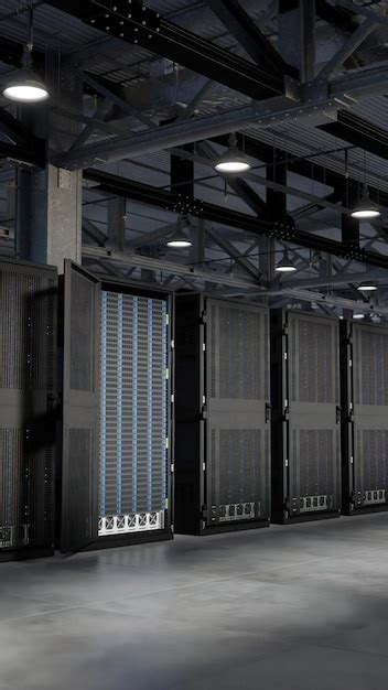 Premium Photo Server Cluster In Massive Warehouse Used For Data