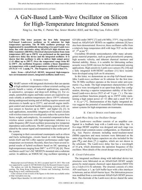 A Gan Based Lamb Wave Oscillator On Silicon For Ieee Xplore
