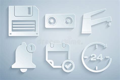 Set Calendar With Check Mark Water Tap Bell Clock 24 Hours Stereo Speaker And Floppy Disk