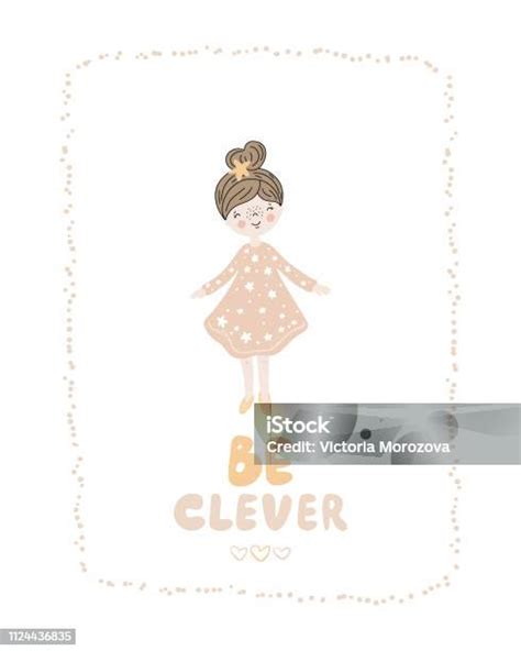 영리한 레터링 문구귀여운 손으로 그려 만화 캐릭터 여자와 보육 포스터 핑크 드레스에 텍스처 프레임에 스 칸디 나 비아 스타일입니다 벡터 일러스트입니다 Fashion Show