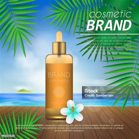 이국적인 야자수와 해변 배경에 여름 선크림 화장품 디자인 서식 파일 나뭇잎 3d 현실 태양 보호와 제품 광고입니다 3차원 형태에 대한 스톡 벡터 아트 및 기타 이미지