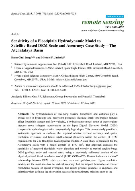 Pdf Sensitivity Of A Floodplain Hydrodynamic Model To Satellite Based Dem Scale And Accuracy