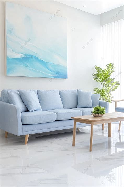 파란색 액센트가 있는 흰색 현대적인 거실 벽에 큰 그림이 그려져 있습니다 소파와 의자는 연한 파란색 흰색 대리석 바닥 타일