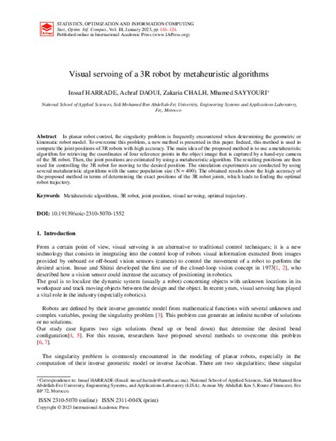Pdf Visual Servoing Of A 3r Robot By Metaheuristic Algorithms